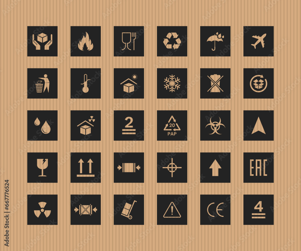 Packaging symbols set on cardboard background. Collection of cargo ...