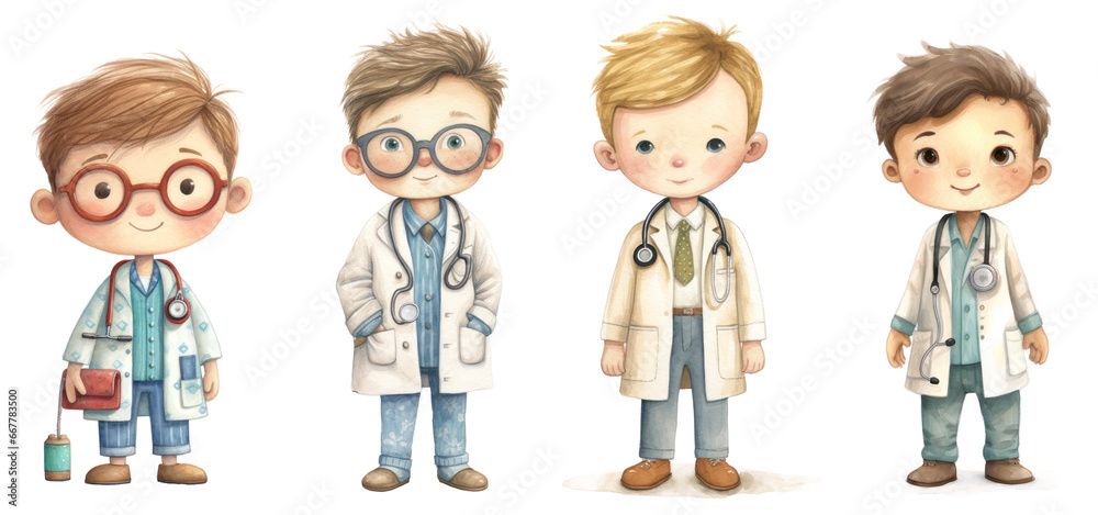 Group of young child dressed up as doctor, watercolor illustration ...