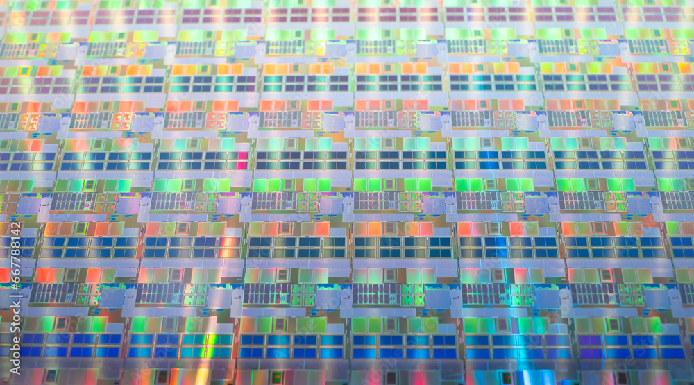 background of silicon wafer semiconductor with neon color, integrated ...