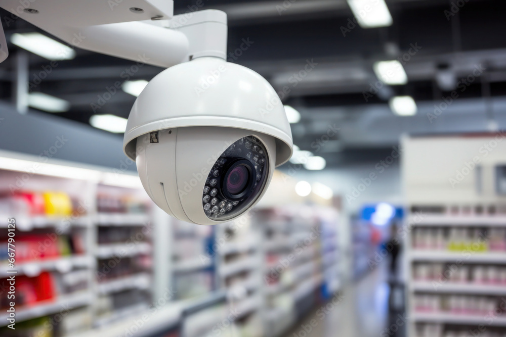 Surveillance camera in building. CCTV monitoring system in supermarket. Security system in store ...