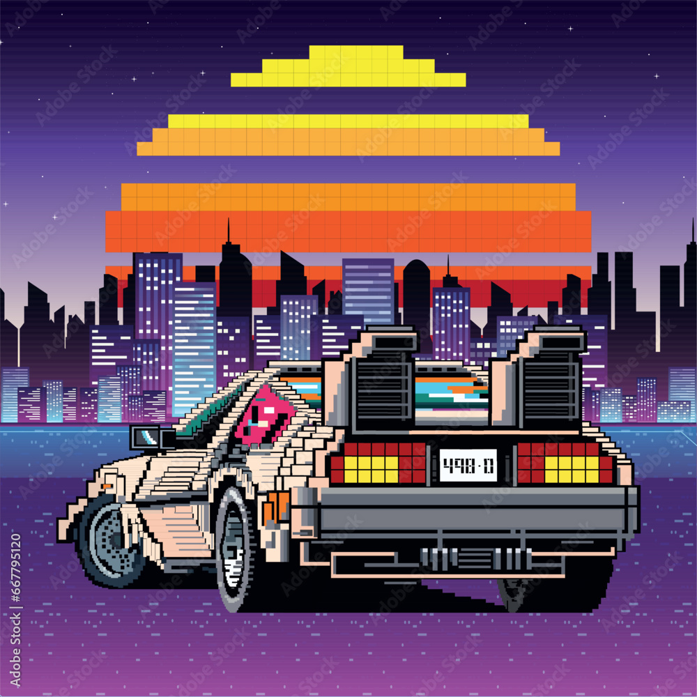Pixel art. Retro futuristic car on the background of the landscape of ...