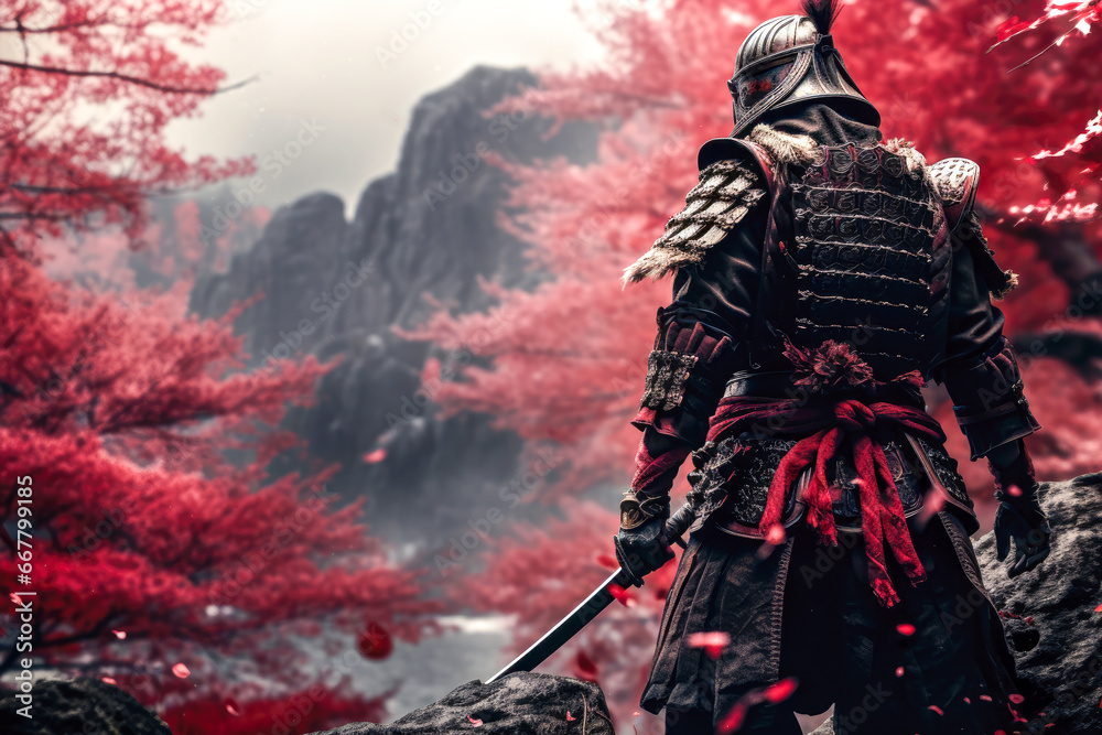 Samurai warrior with sword in the forest. Fantasy, fantasy. Stock Photo ...