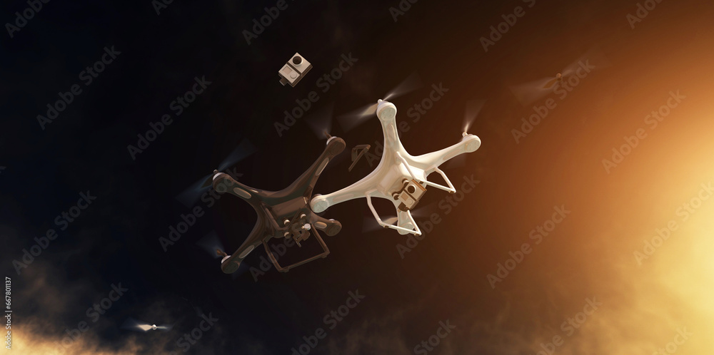 Two drones (copters) colliding with each other in the air. This image ...