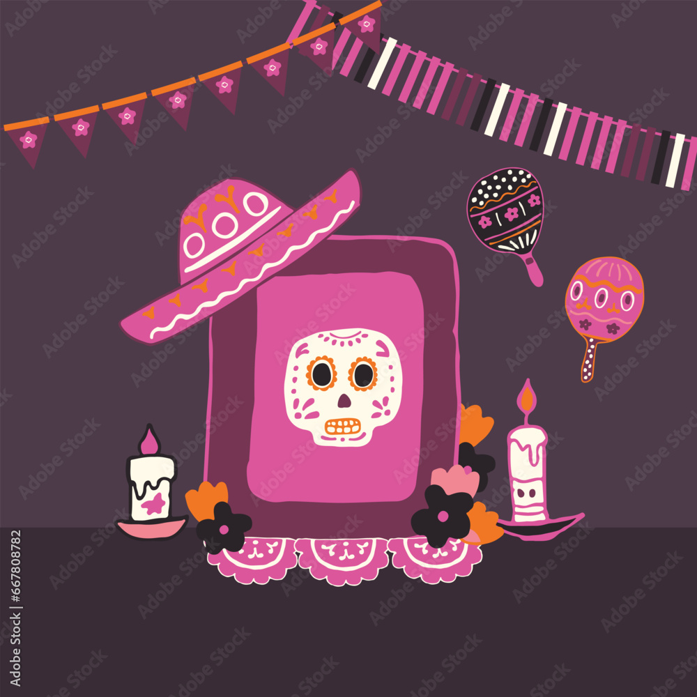 Mexico Dia de Los Muertos Altar with sugar skull and candles. Square ...