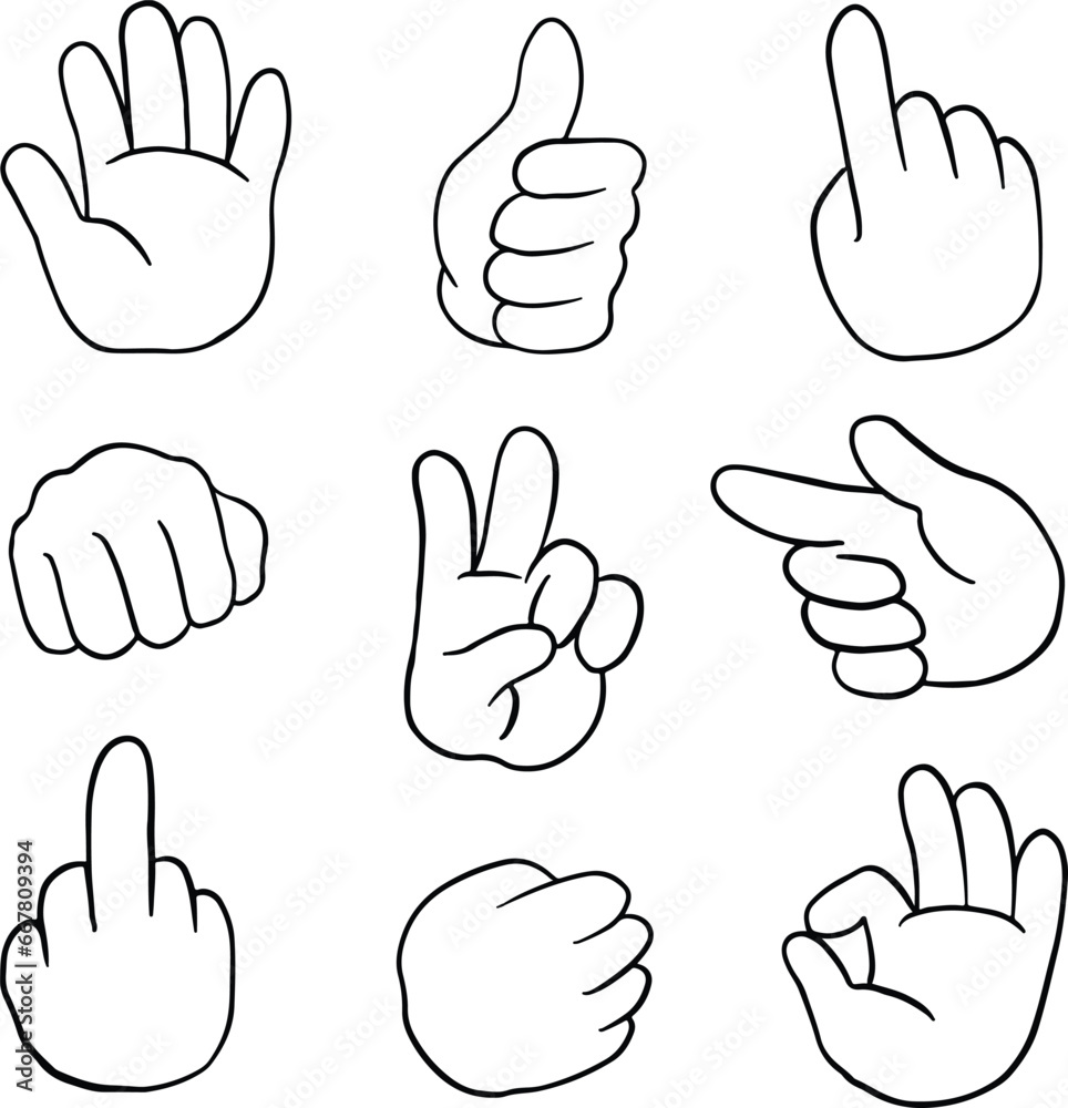 Set of cartoon hands showing various gestures. illustrations, line ...