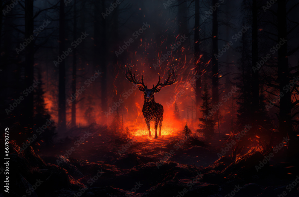 Glowing fire deer standing in the night forest among burning trees ...