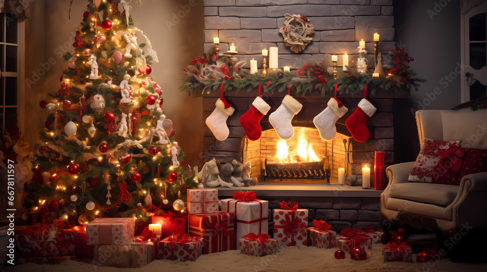 Christmas fireplace background wallpaper poster PPT Stock Illustration ...