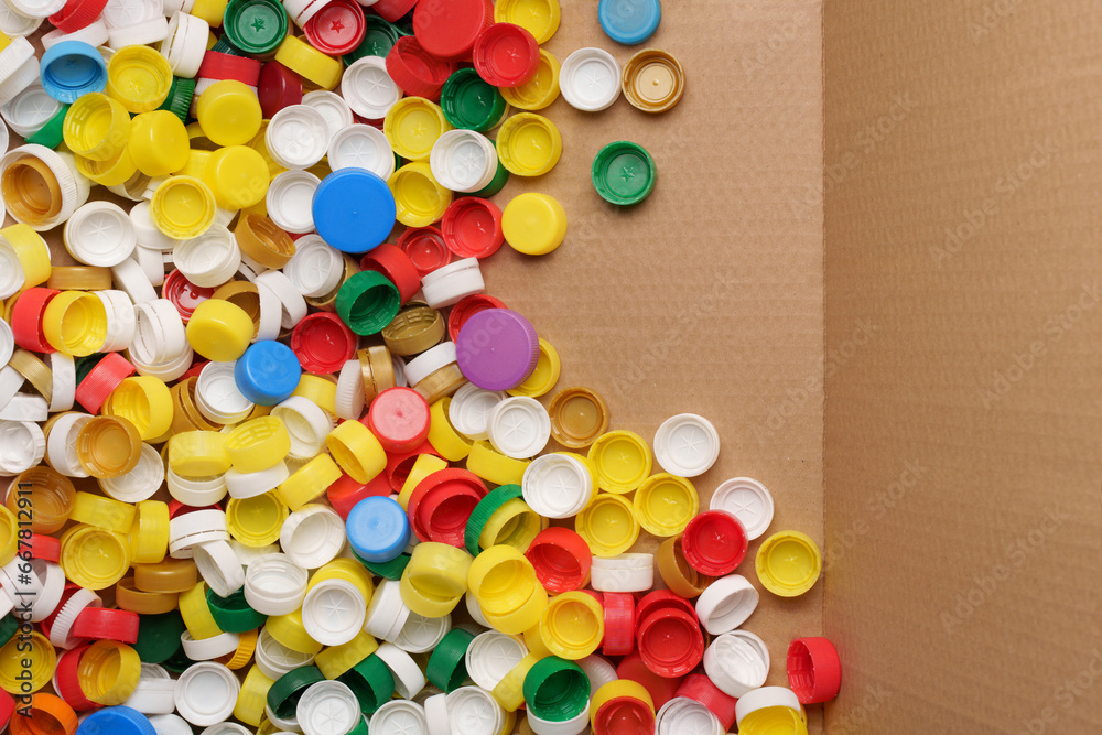 Used PET recycling plastic bottle cap plastic lids. Colorful bottle ...