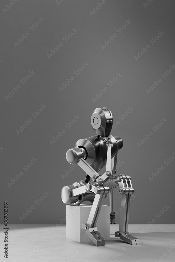 Solitary robot assumes a thinker's pose, showcasing its ability to ...