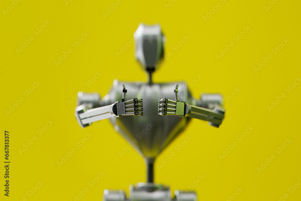 sign of approval and success, robot extends its mechanical thumbs-up ...