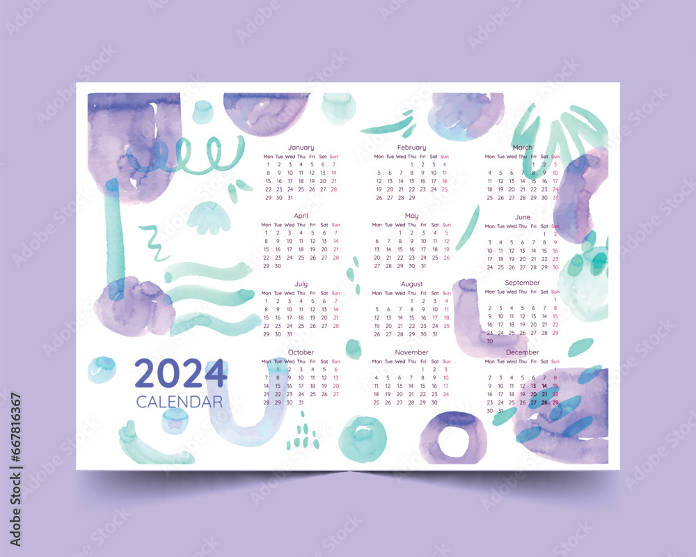 Colorful 2024 calendar template in printable style design vector ...