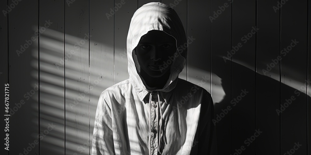 A person in a white hoodie and a shadowed mysterious face, standing in ...