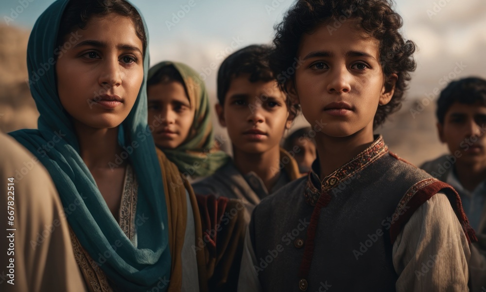 Portrait of Refugees on middle east city street, looking at camera ...