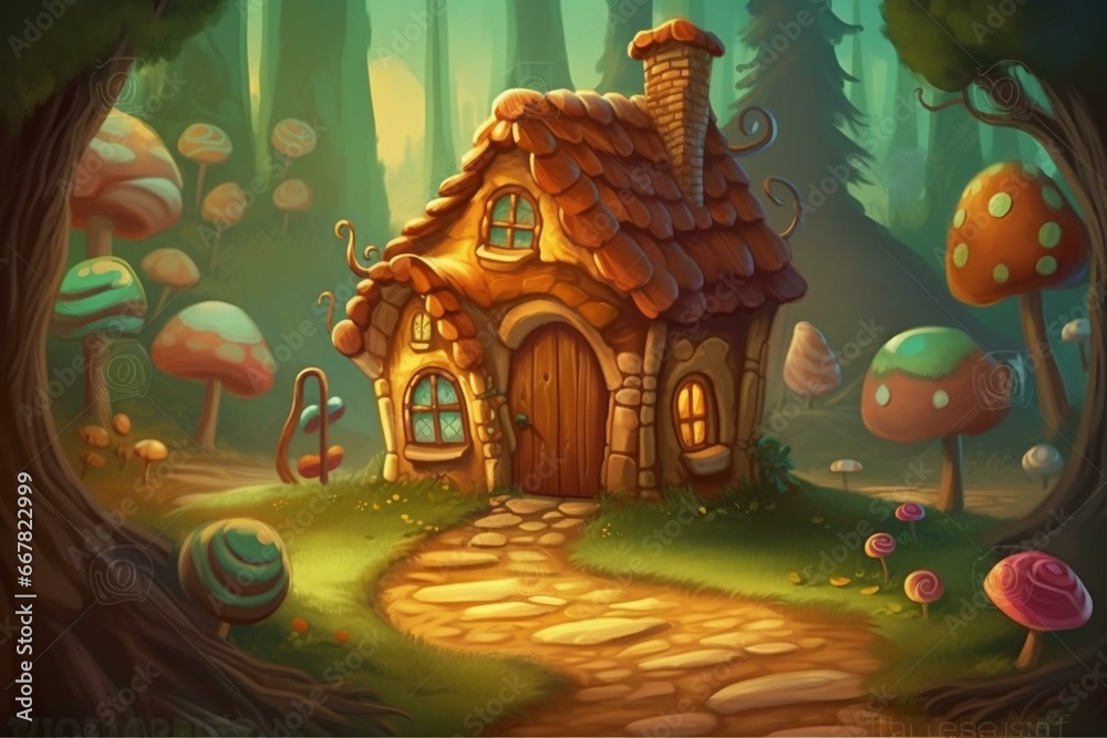 Oil painting of Hansel and Gretel's gingerbread house in a fairytale ...