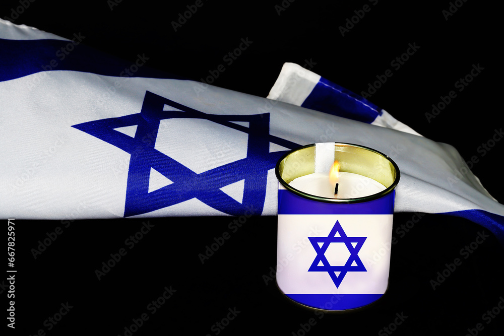 Israel Flag and memorial candle depicting the Israeli Flag. Composition ...