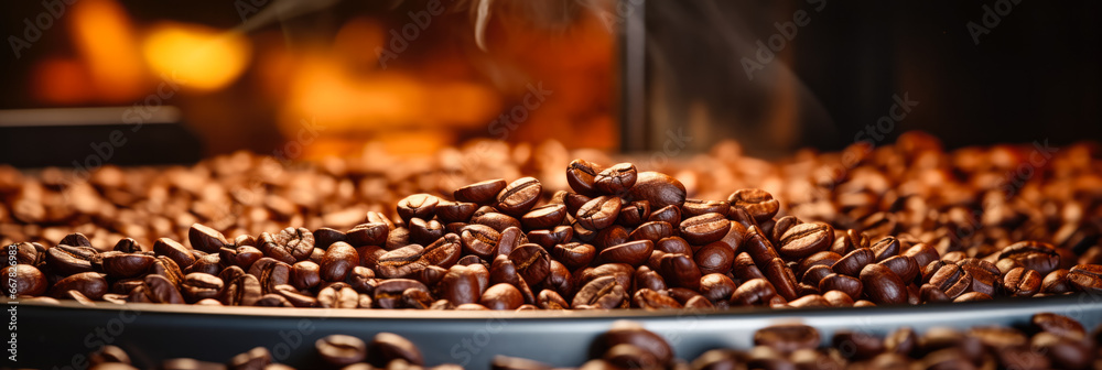 Coffee roasting process in an industrial machine background with empty ...