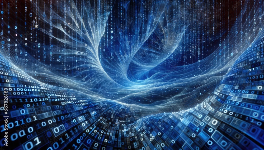 Digital Technology Surreal Blue Glowing Background Capturing A Binary Computer Data And Swirling