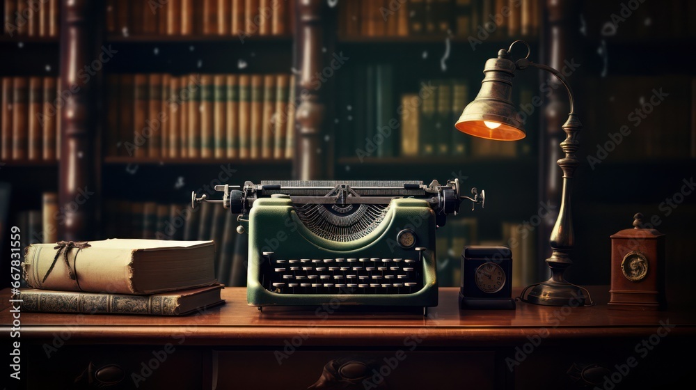 Vintage typewriter and stack of books on an antique desk in the library ...