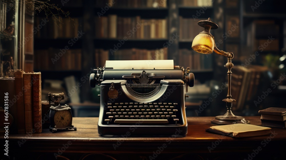 Vintage typewriter and stack of books on an antique desk in the library ...