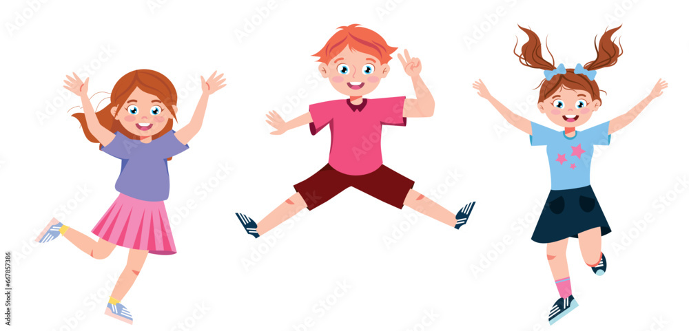 Vector illustration of cheerful children jumping. Cartoon scenes with ...