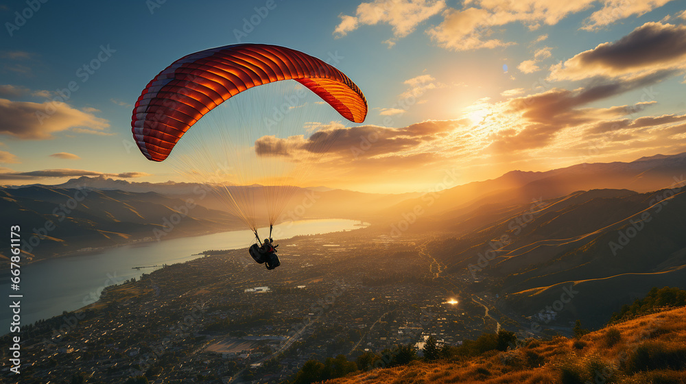 An exhilarating shot of a paraglider performing acrobatic maneuvers ...