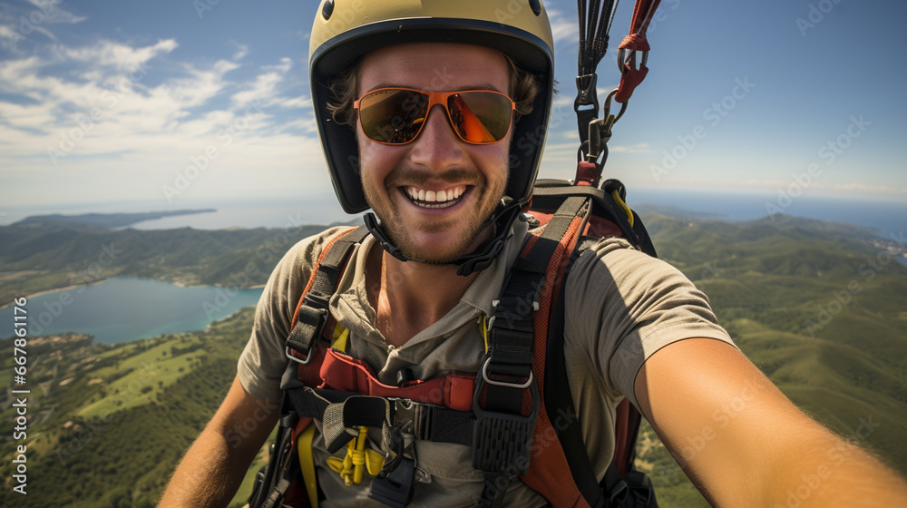 A tandem paragliding adventure with two people suspended beneath a ...