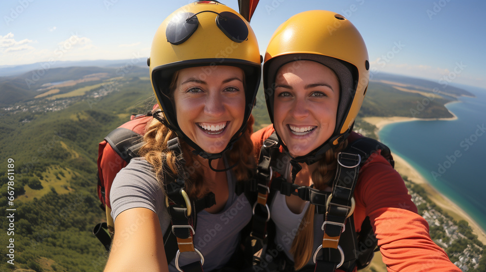 A tandem paragliding adventure with two people suspended beneath a ...