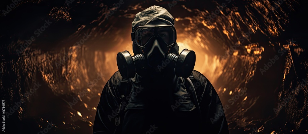 Soviet gas mask wearing warrior in tunnels gazing at light beam Stock ...