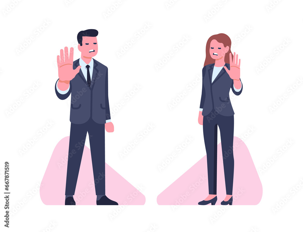 Man and woman disagreement gesture. Businessmen put their hand forward ...