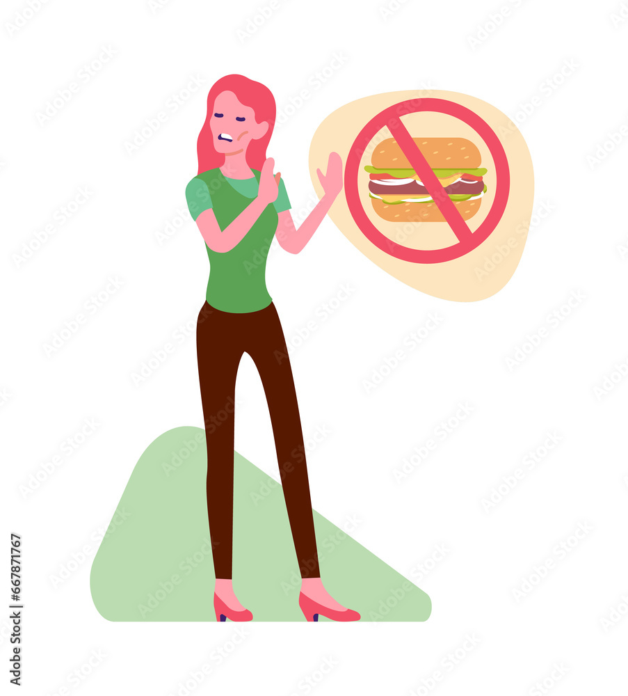 Anorexia disease. Very thin woman refuses to eat. Anorexic girl rejecting burger. Food ...