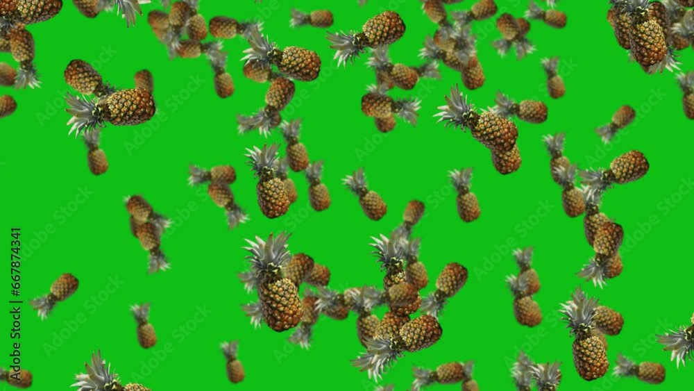 Juicy Pineapples Falling Slowly In A Green Background. Fruit Falling ...