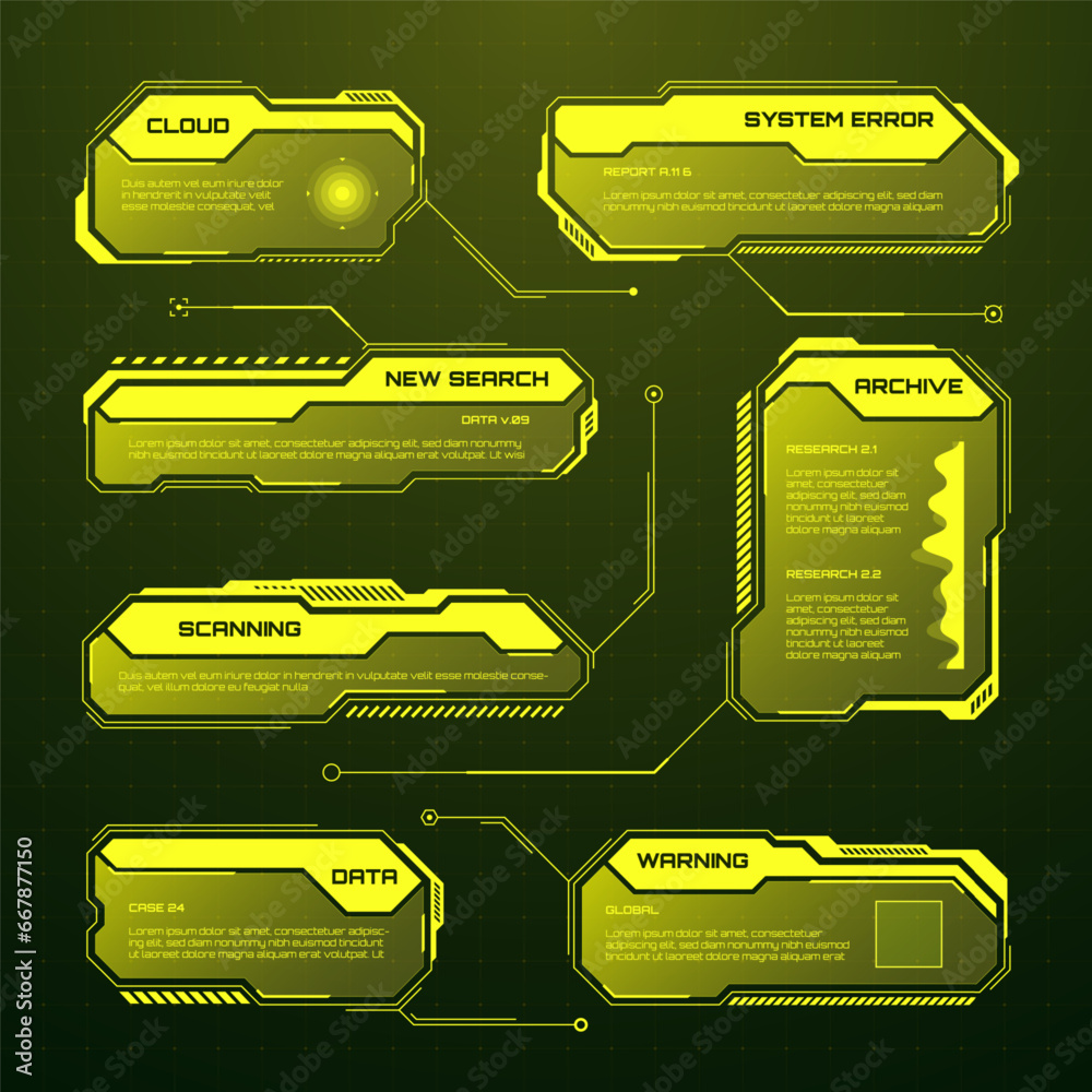 Yellow futuristic HUD, UI elements. Sci-fi user interface text boxes ...