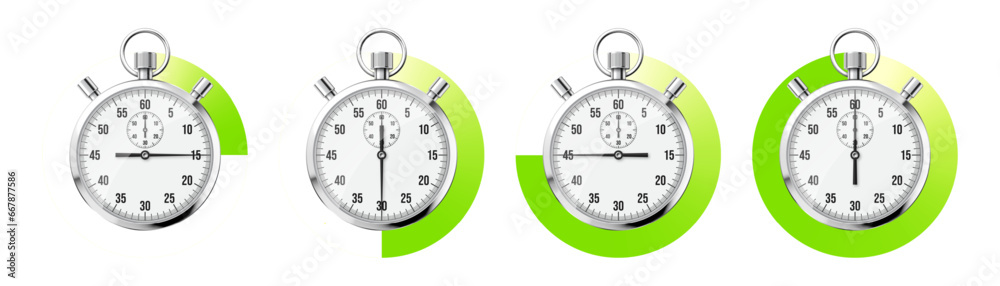 Realistic classic stopwatch. Shiny metal chronometer, time counter with ...
