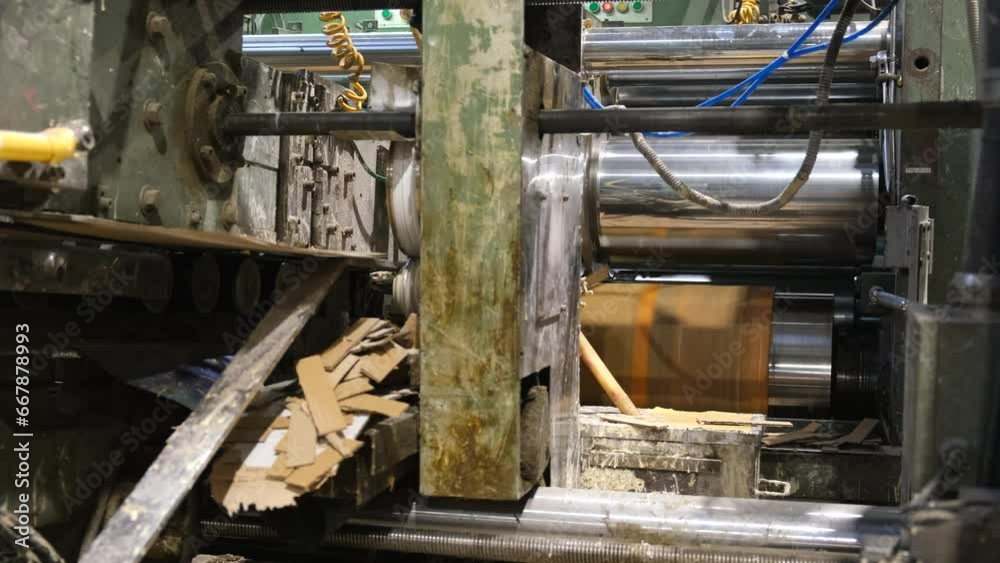 Slitting machine carves cardboard boxes from sheets of cardboard. close ...