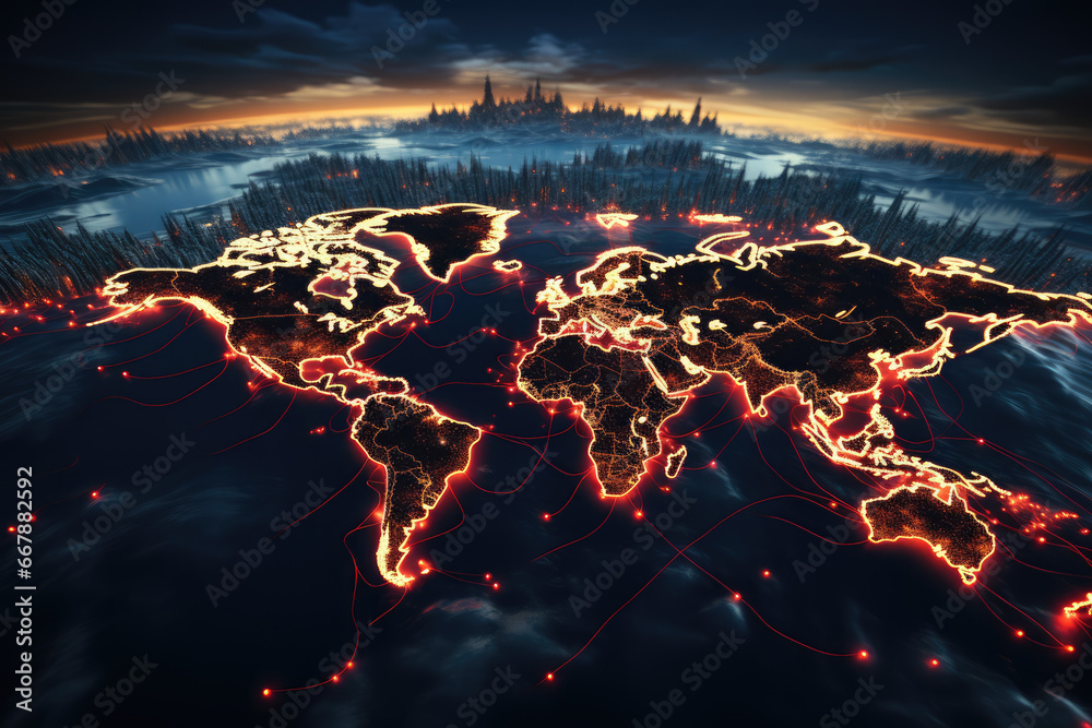 A world map with interconnected lines highlighting international trade ...