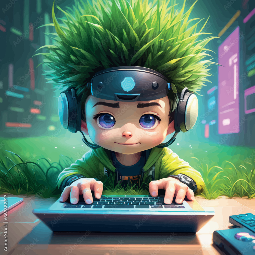 cartoon boy gamer playing games with computer and smartphone. vector ...