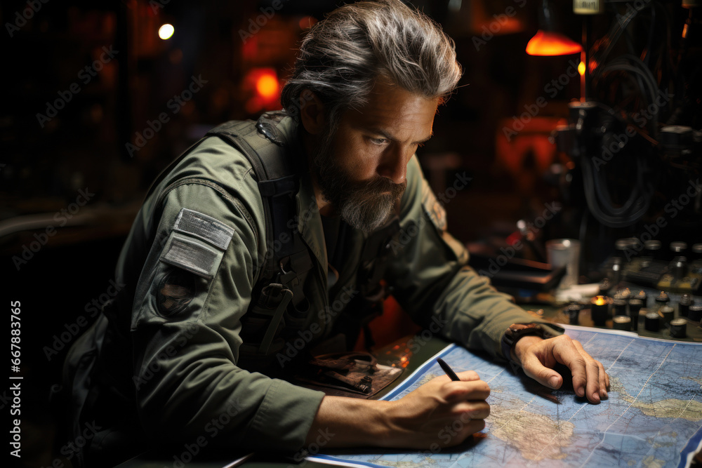 A war strategist huddled over maps and plans, orchestrating tactical ...