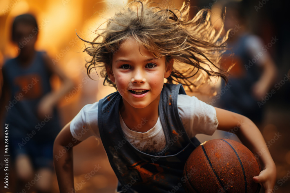 Youth basketball players engaged in a fiercely competitive game, each ...