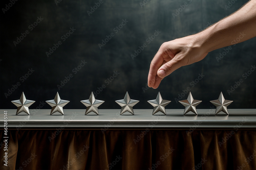 Stars made of metal sitting on a table and a hand touches the star from ...