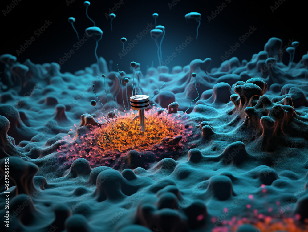 A microscope observing a detailed cellular structure in a scientific ...