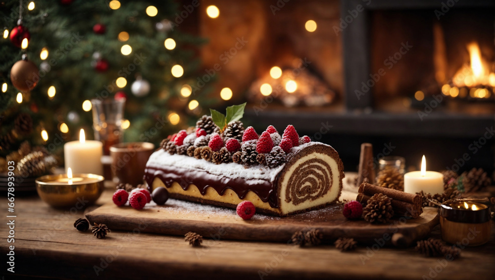 Bûche de Noël, tipico dolce natalizio francese in una atmosfera ...