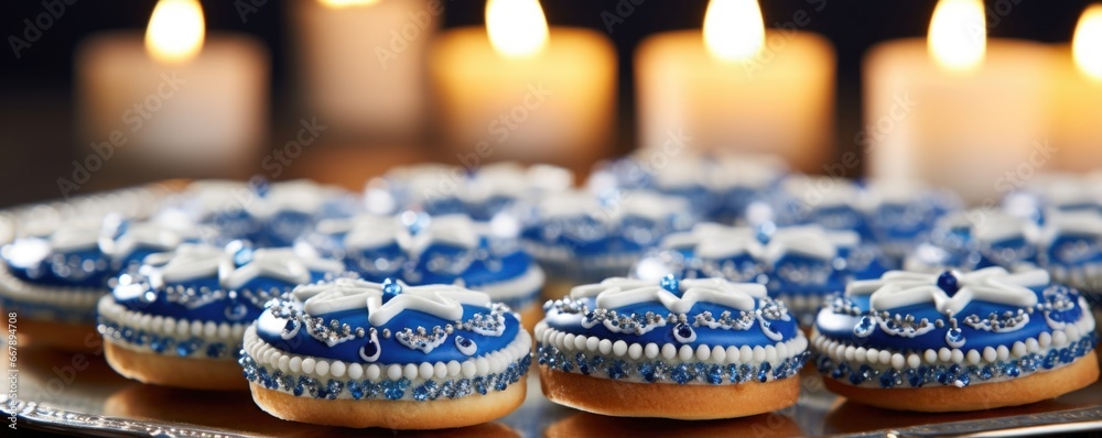 Hanukkah cookies shaped as miniature menorahs are arranged in a ...