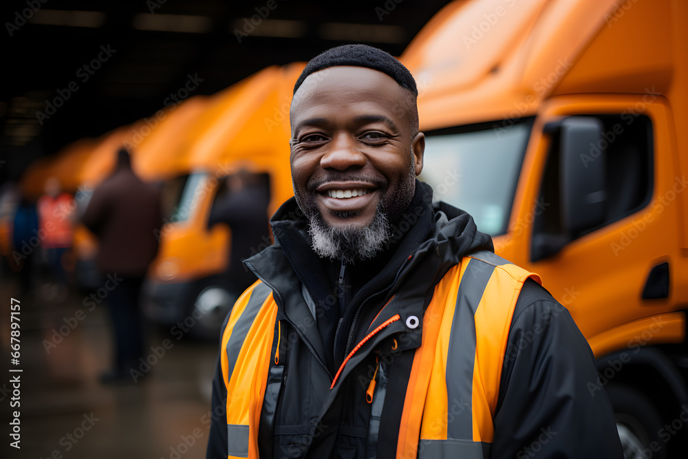 African American transportation factory truck driver standing and ...