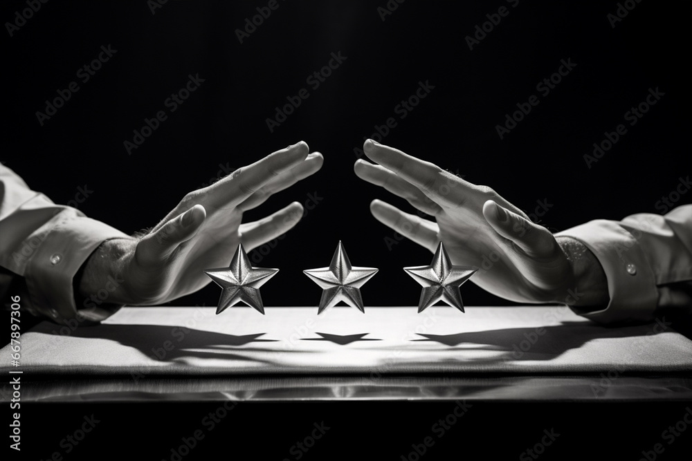 3 stars made of metal sitting on a table and two hand touches covers ...