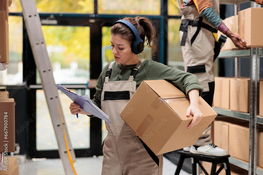 Employee holding cardboard box preparing customer order for delivery ...