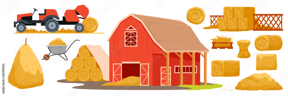 Cartoon isolated farm agriculture collection of haystacks and bales ...