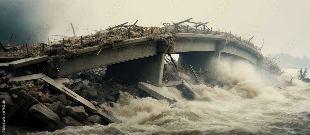 River bridge destroyed by flood infrastructure destroyed Stock Photo ...