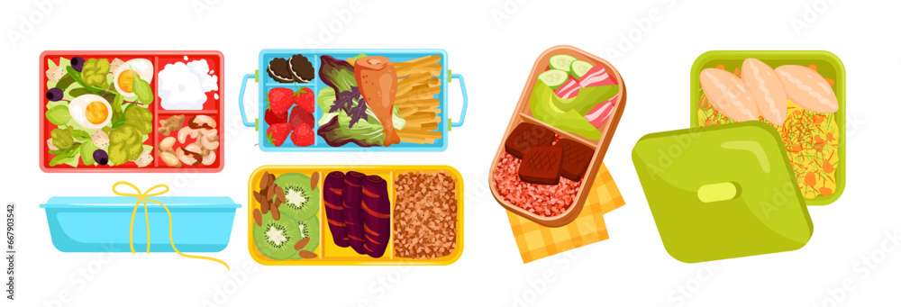 Cartoon isolated top view of open plastic divided trays with packed ...