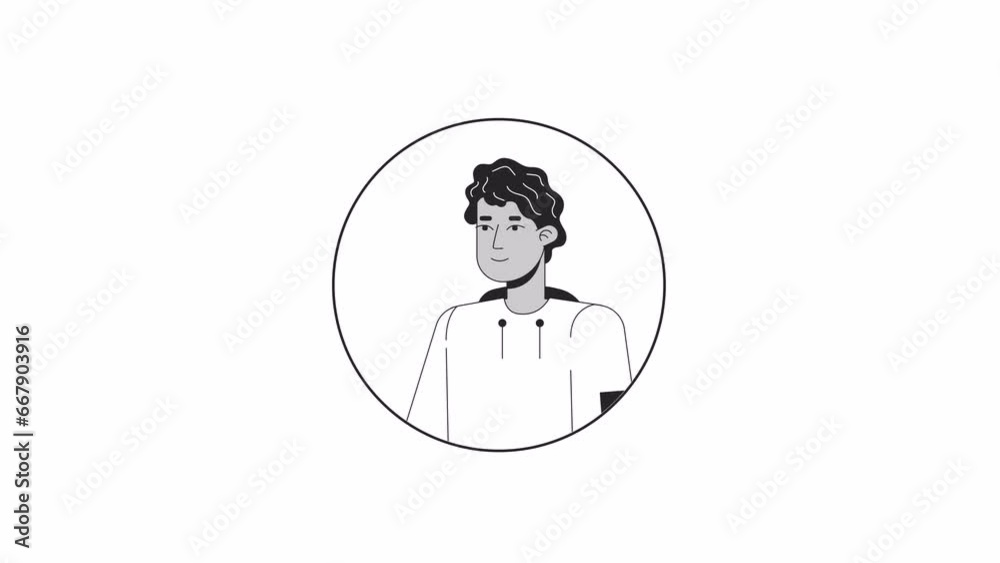 Latino young man saying hello bw outline 2D avatar animation. Hispanic ...