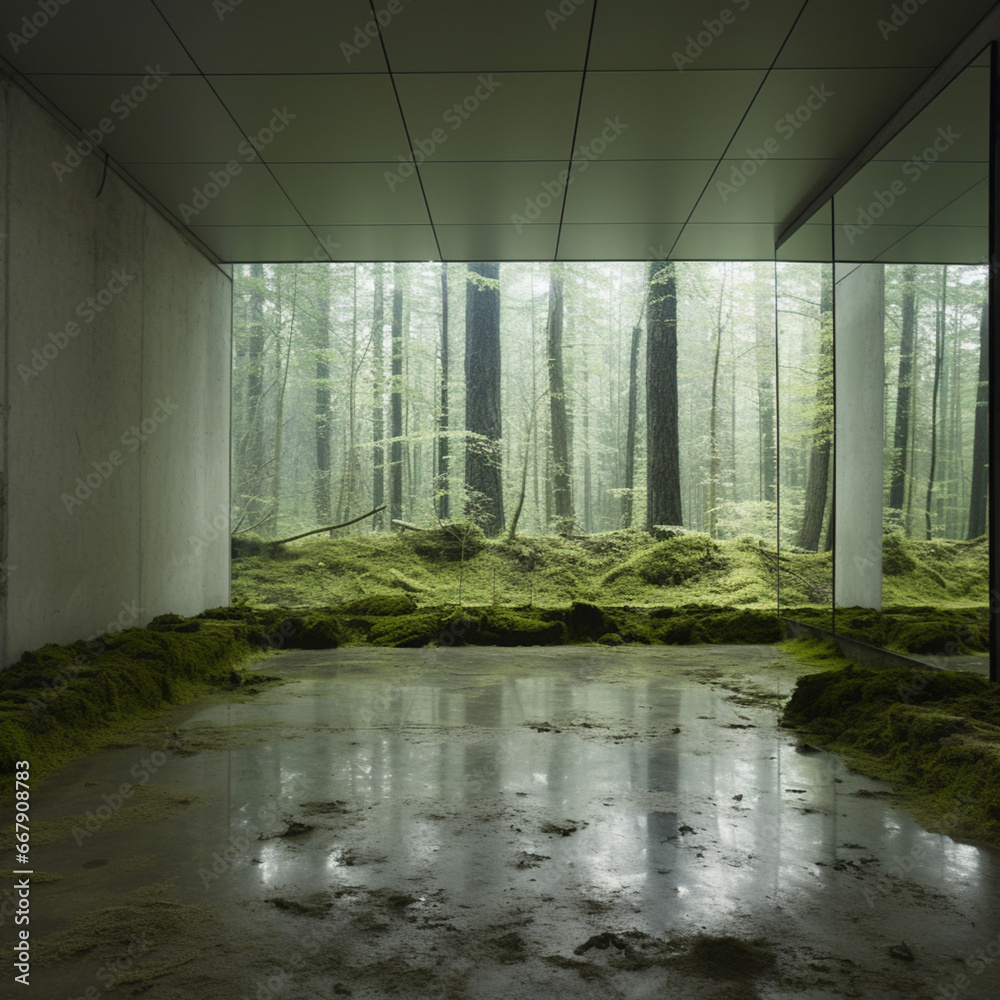 a gallery room, white concreat walls and floor, straitght perpendicular ...